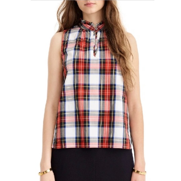 J. Crew | Tops | J Crew Holiday Ready Red White Tartan Plaid Ruffle Neck Sleeveless Blouse ...